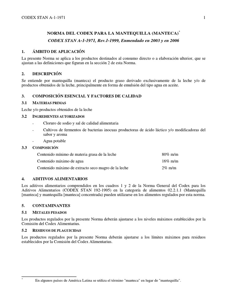 Norma Del Codex para La Mantequilla (Manteca) CODEX STAN A-1-1971, Rev ...
