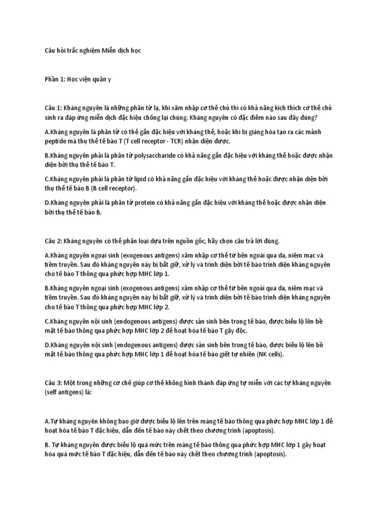 Câu hỏi trắc nghiệm Miễn dịch học | PDF