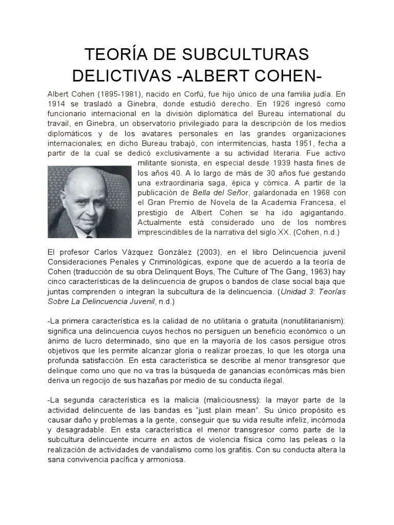 Teoría de Subculturas Delictivas - Albert Cohen | PDF | La delincuencia ...