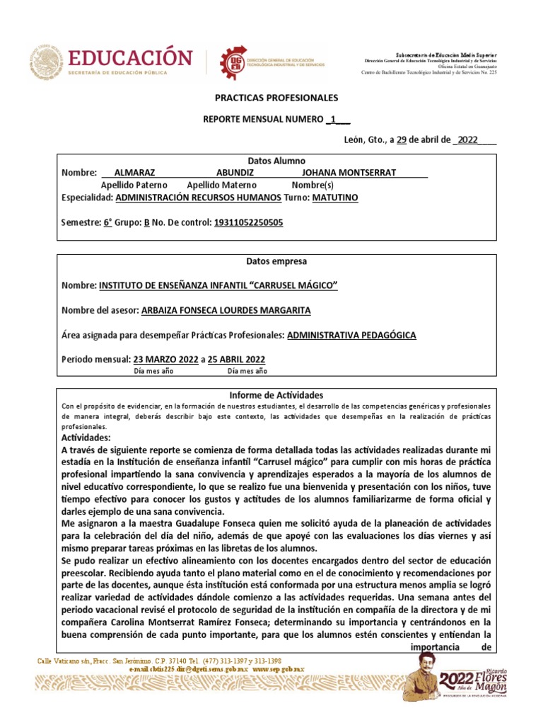Reporte Mensual de Prácticas Profesionales | PDF | Método de enseñanza ...