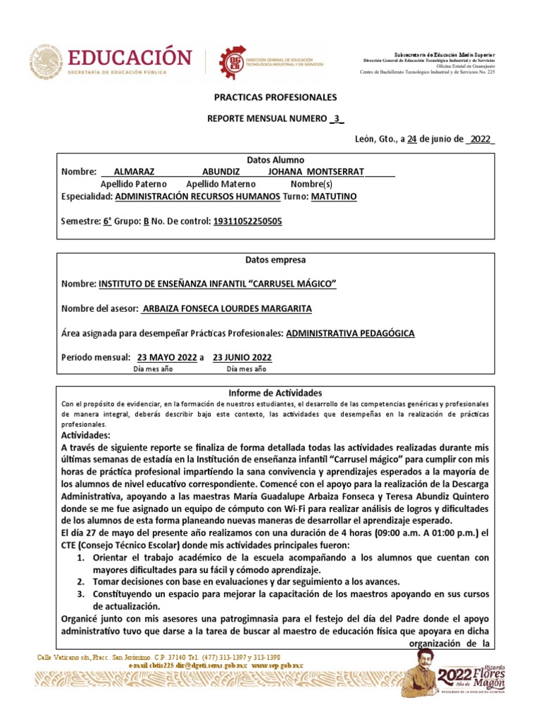 3er. Reporte Mensual de Practicas Profesionales | PDF