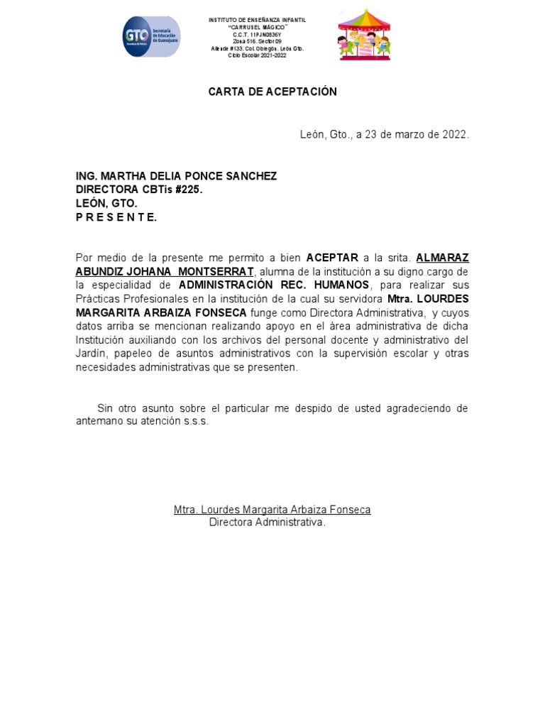 CARTA DE ACEPTACIÓN de Prácticas Profesionales MONTSE | PDF