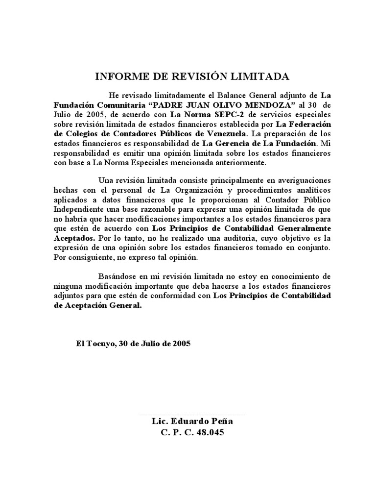 Informe de Revision Limitada | PDF | Estado financiero | Contabilidad