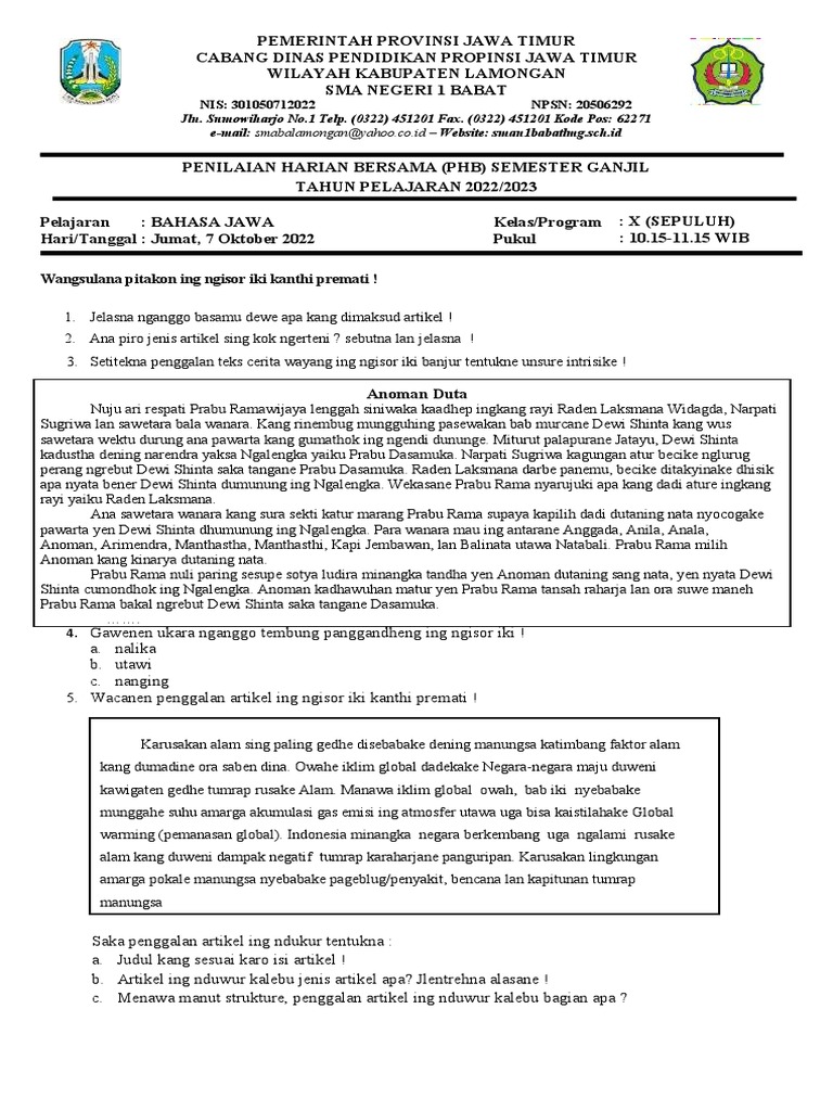 Soal PHB Bahasa Jawa Kelas X 20222023 | PDF