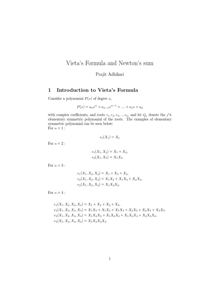 Vieta's Formula & Newton's Sum Guide | PDF | Polynomial | Elementary Mathematics