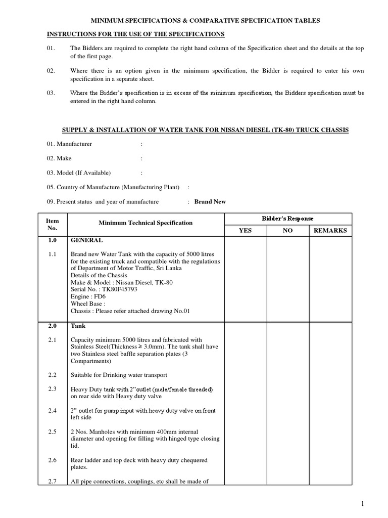 Water Bowser Nissan Diesel - Spec | PDF | Specification (Technical ...