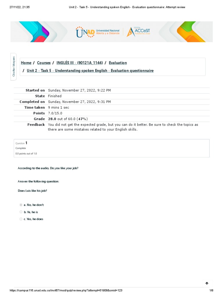 Unit 2 - Task 5 - Understanding Spoken English - Evaluation ...