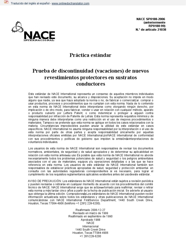 4 NACE SP0188 2006 Español | PDF | Revestimiento | Electrónica