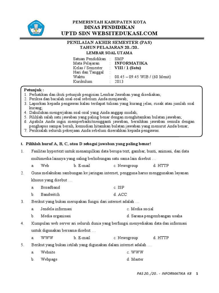 Soal Pas Informatika Kelas Viii | PDF | Teknologi & Rekayasa