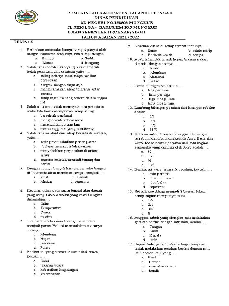 Soal Ujian Tema 5 Genap 2022 | PDF