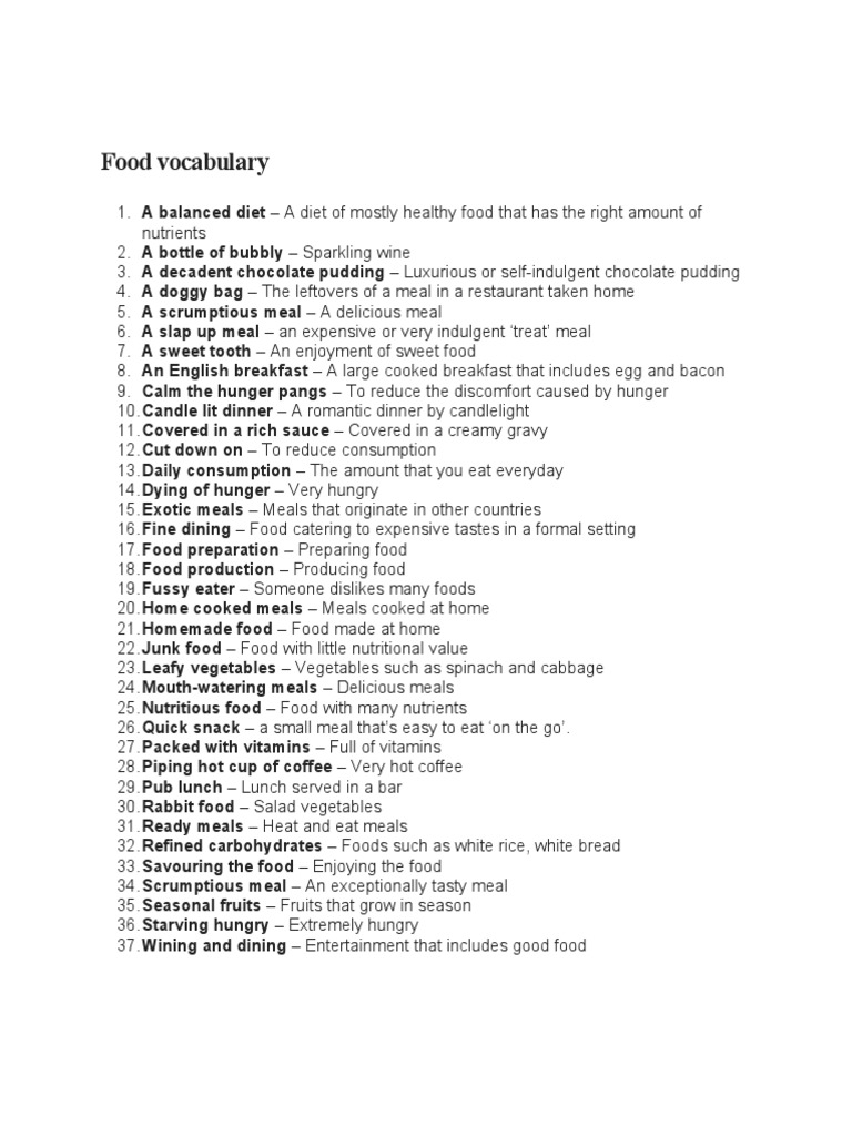 Speaking Vocabulary For Food and Nutrition | Download Free PDF | Meal ...