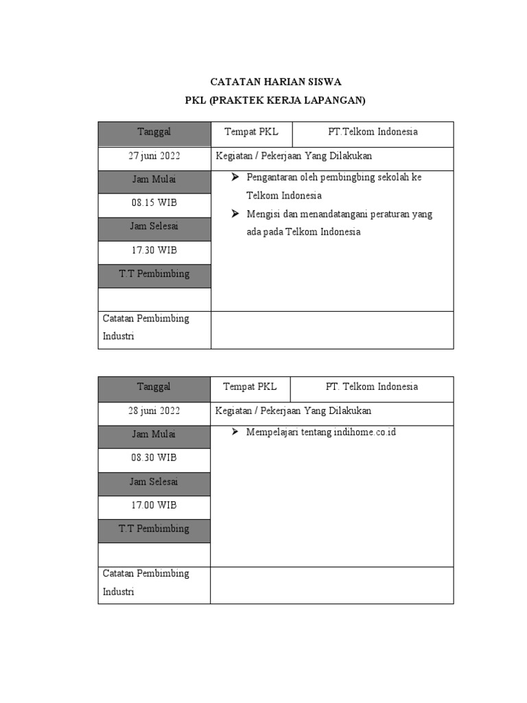 Catatan Harian Siswa PKL | PDF