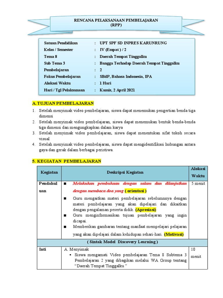RPP Kelas Iv Tema 8, Subtema 3, PB 2 | PDF
