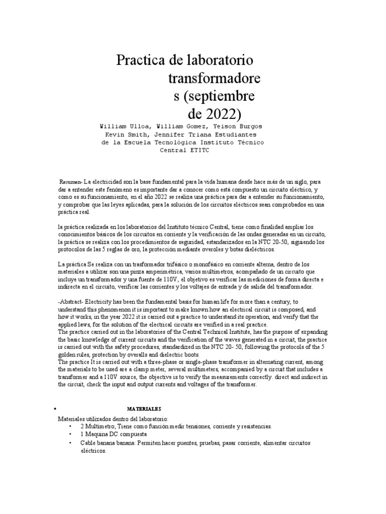 Practica de Laboratorio Transformadores Ulloa | PDF | Corriente ...