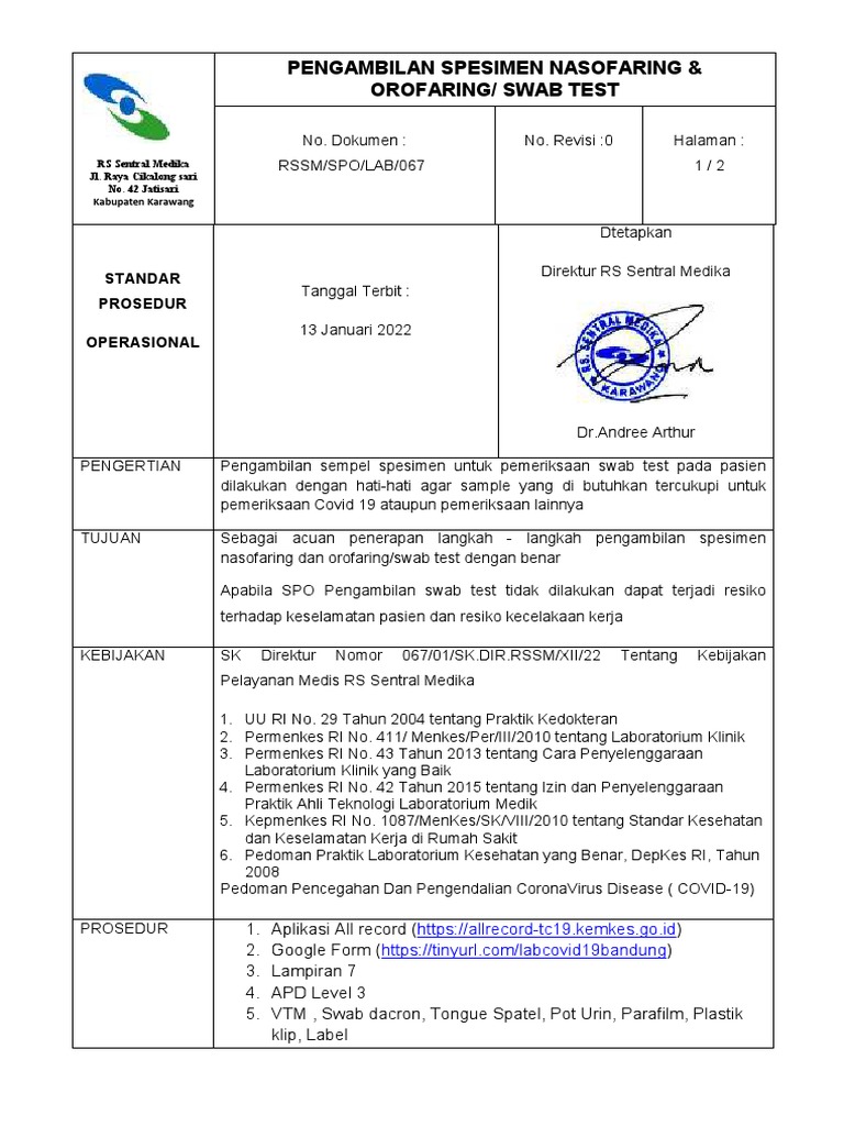 67 Pengambilan Spesimen Nasofaring Dan Orofaring | PDF
