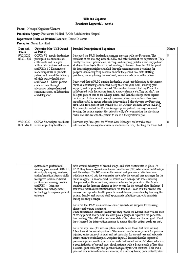 Nur 460 Practicum Documentations | PDF | Nursing | Patient