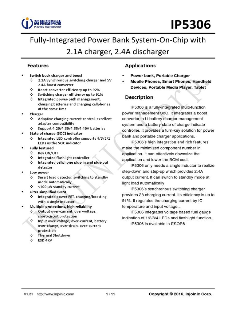 IP5306 Injoinic | PDF | Battery Charger | Computer Engineering