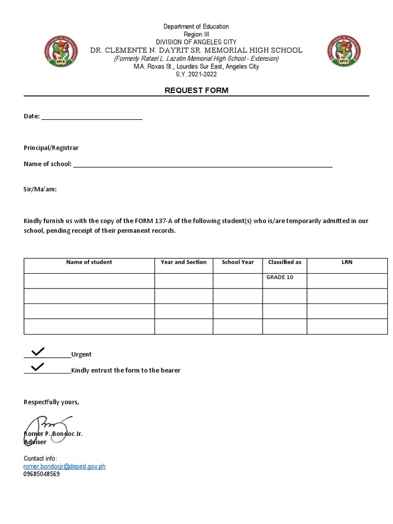 Request Form Elem Sf10 | PDF