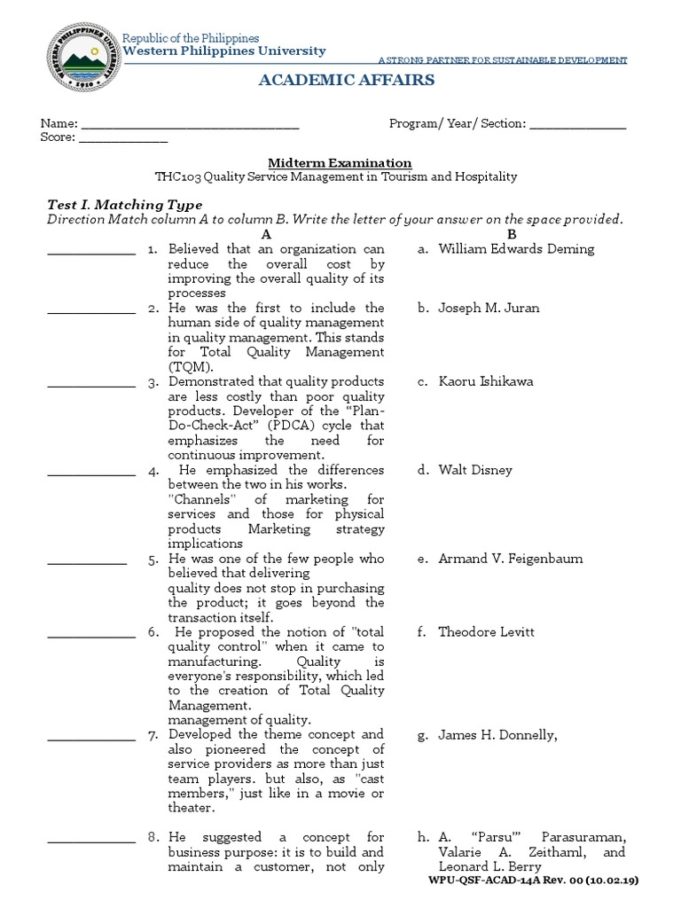 Quality Service Management Midterm Exam | PDF | Strategic Management ...