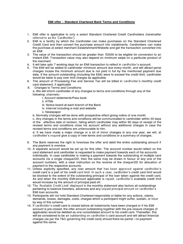 SCB EMI Terms and Conditions | PDF | Credit Card | Cheque