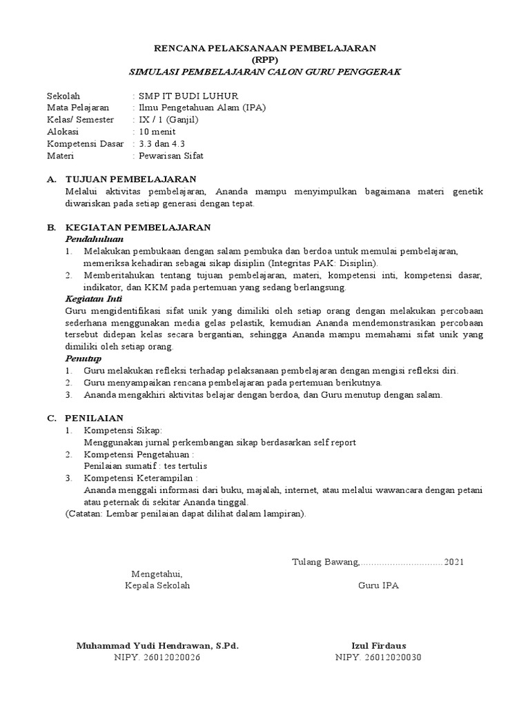 RPP Kelas 9 SMP Materi Pewarisan Sifat | PDF