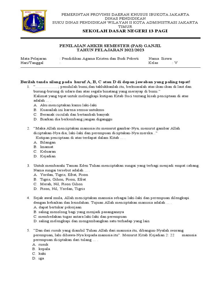 SOAL PAS Dan KUNCI Kls 5 SMT 1 2022 (Terbaru) | PDF