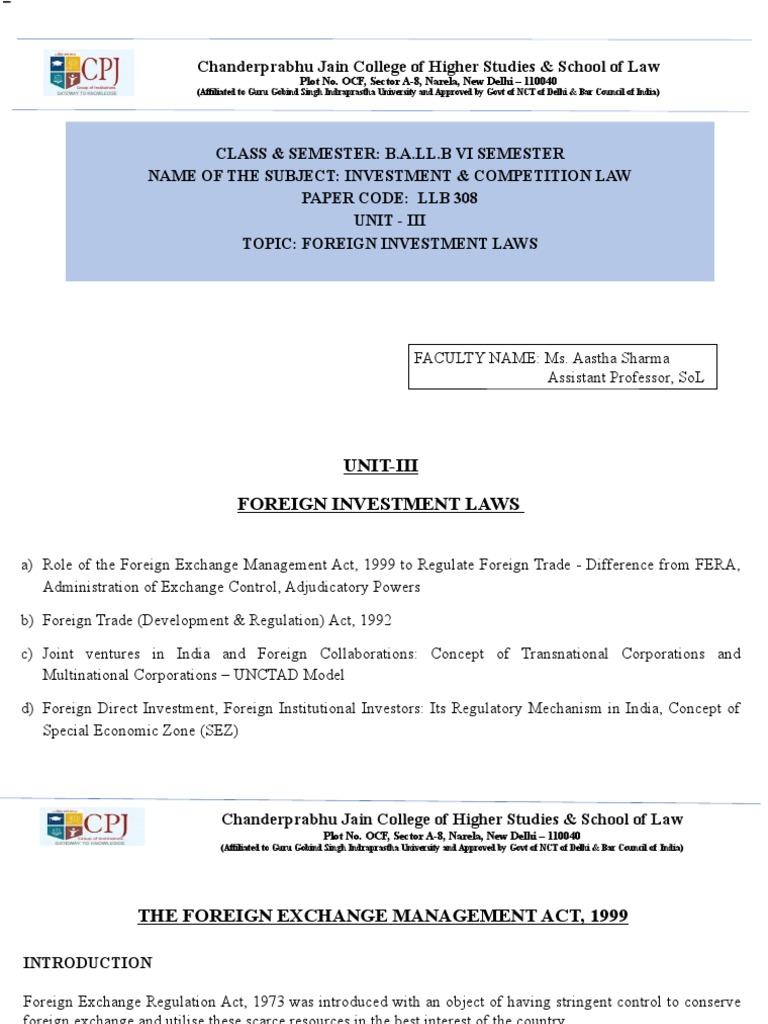 Unit 3 - Investment & Competition Law PPT - LLB 308 - BALLB VI Sem | PDF