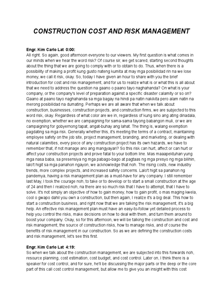 Construction Cost and Risk Management | PDF | Risk Management | Risk