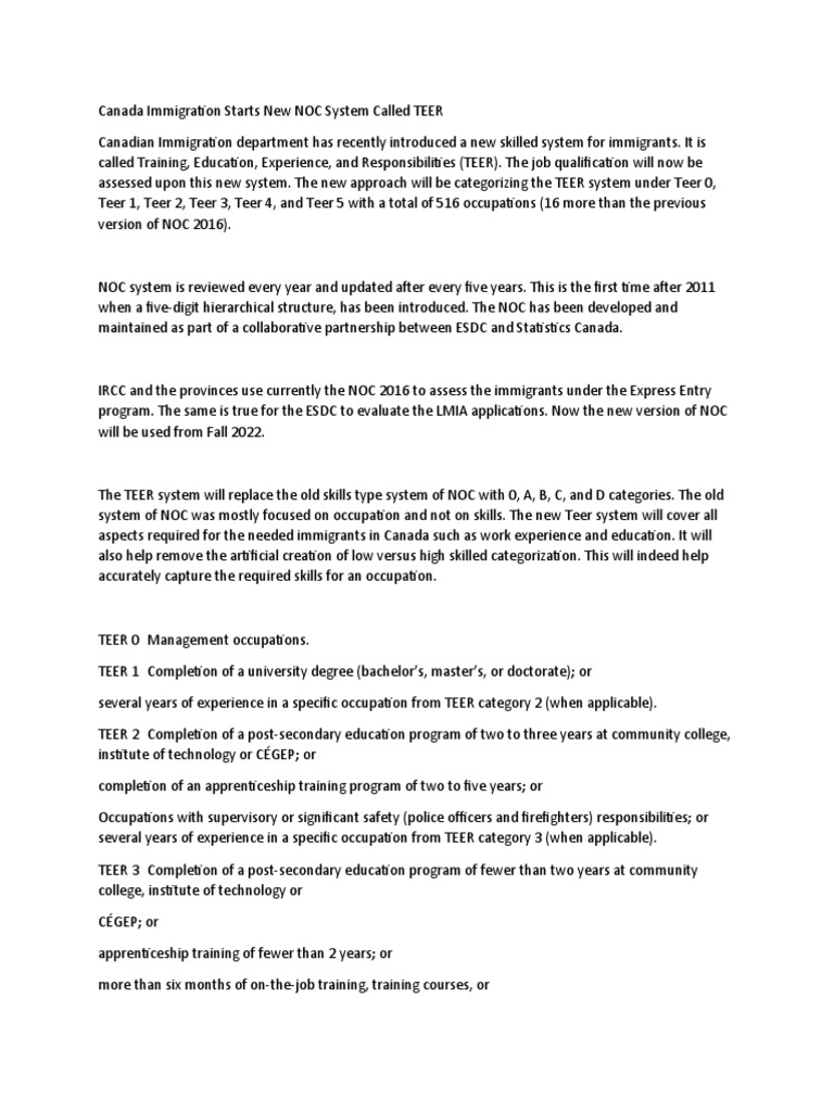 Canada Immigration Starts New NOC System Called TEER | PDF | Health ...