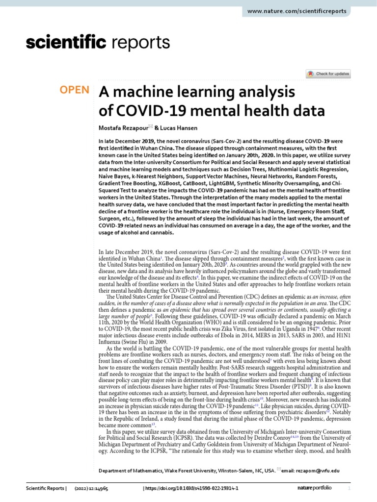 A Machine Learning Analysis of COVID 19 Mental Health Data: Mostafa ...