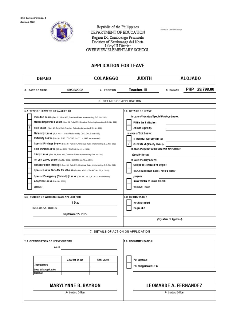 CS Form No. 6 Revised 2022 | Download Free PDF | Parental Leave | Sick ...
