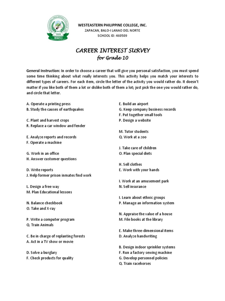 Guidance Career Interest Survey G10 | PDF | Engineering | Interest