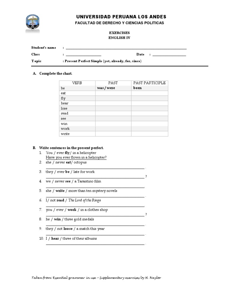 Present Perfect (Yet, Already, For, Since) | PDF | Perfect (Grammar ...