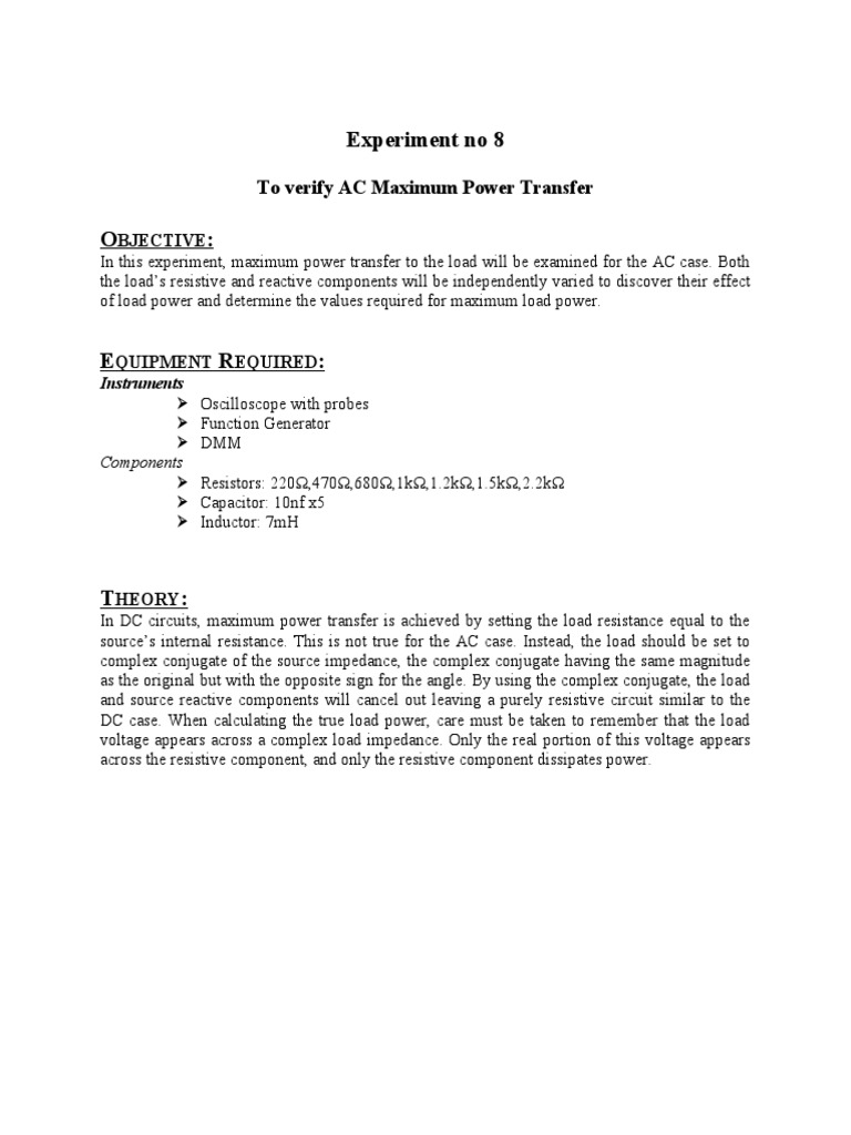 Experiment No 8 | PDF | Electrical Impedance | Electrical Network