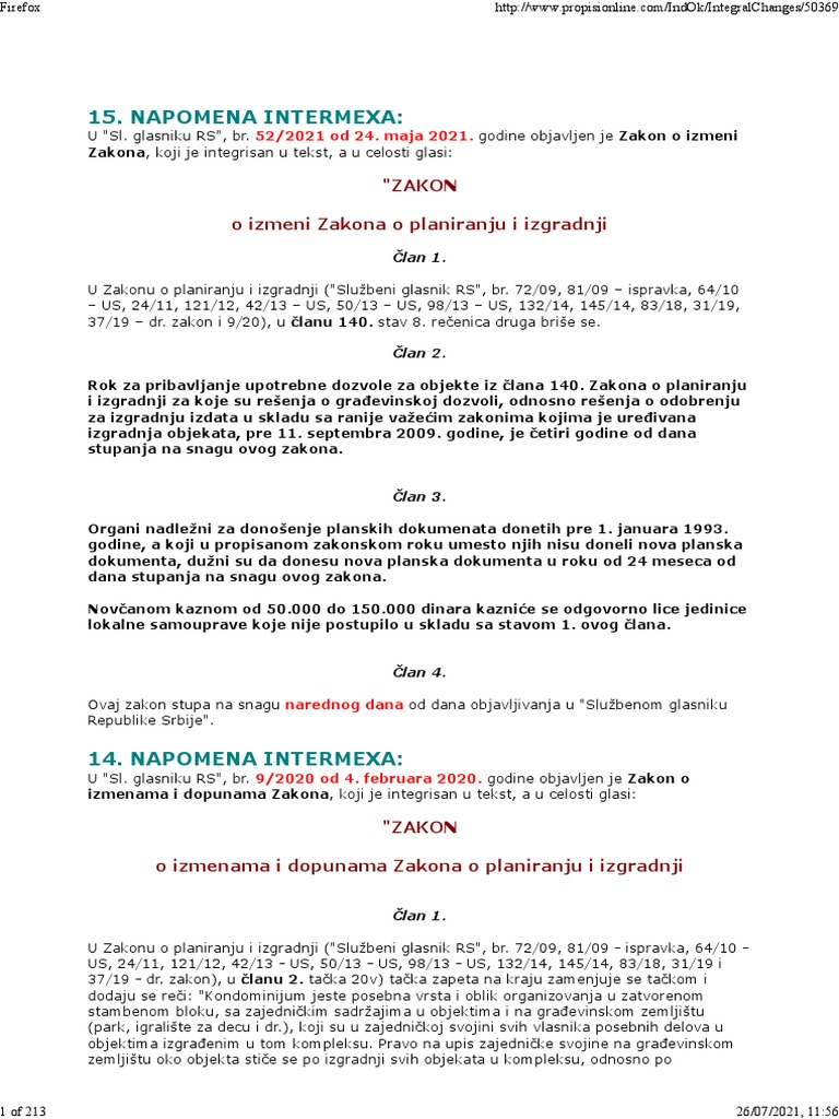 Zakon o Planiranju I Izgradnji 2021 - Izmene | PDF
