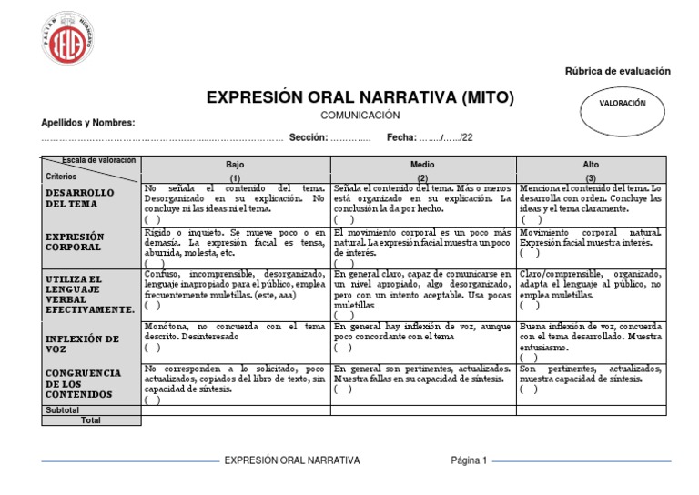Rúbrica Expresion Oral Narrativa Mito | PDF