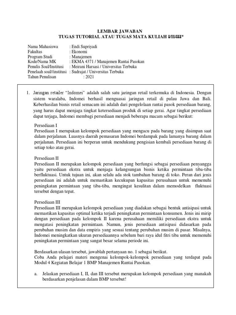Tugas 2 EKMA4371 Manajemen Rantai Pasokan | PDF | Bisnis