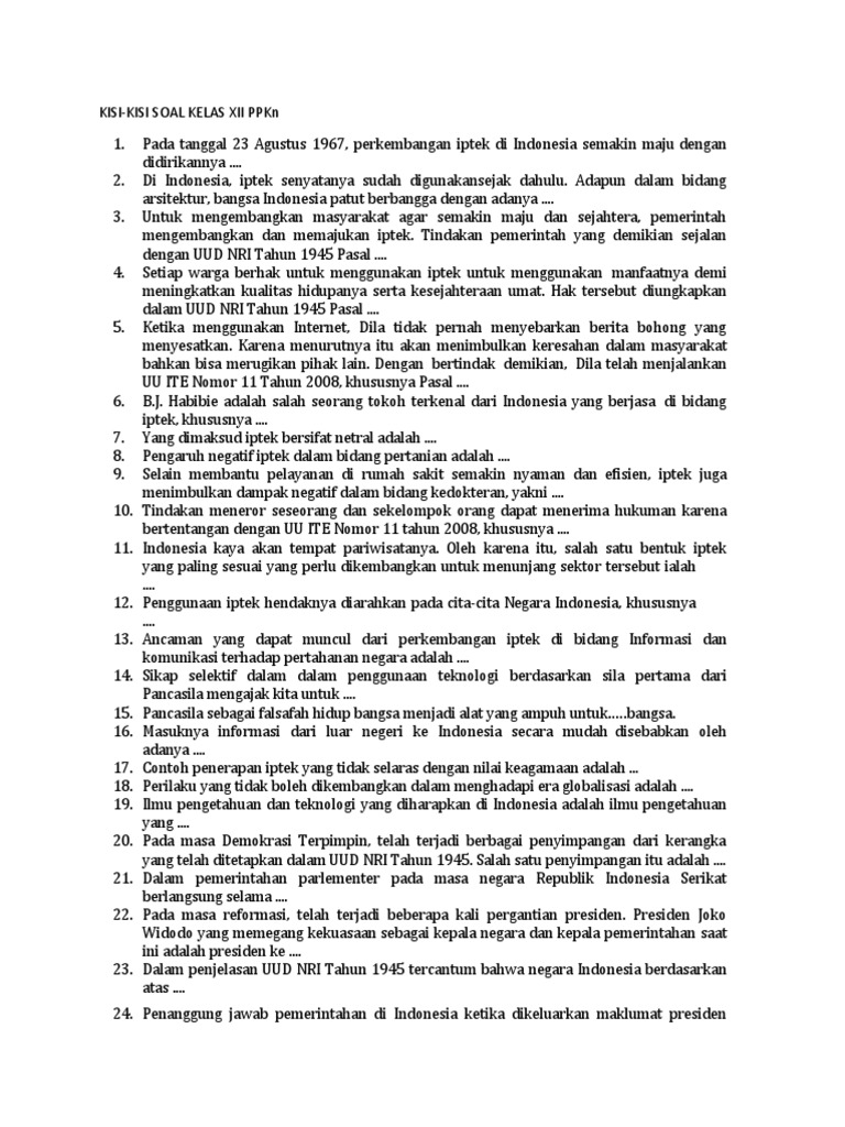 Kisi-Kisi Soal PPKN Kelas Xii | PDF