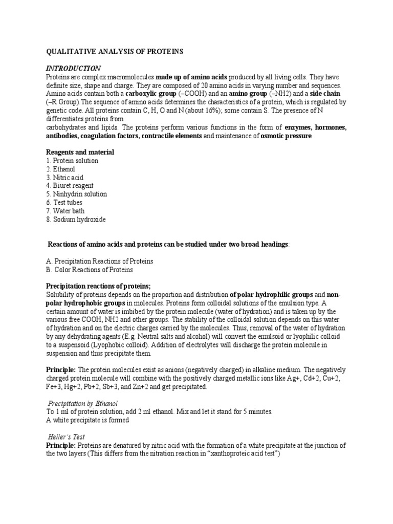Qualitative Analysis of Proteins and Amino Acids | PDF