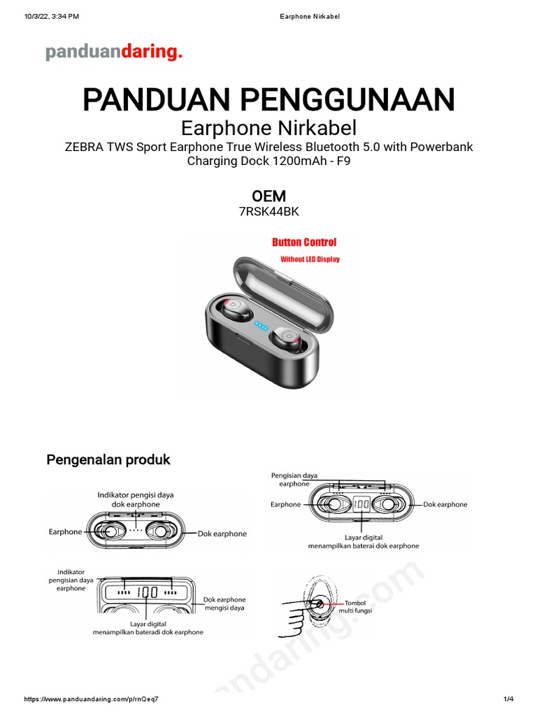Panduan Penggunaan Earphone Nirkabel Bluetooth Zebra TWS Sport | PDF
