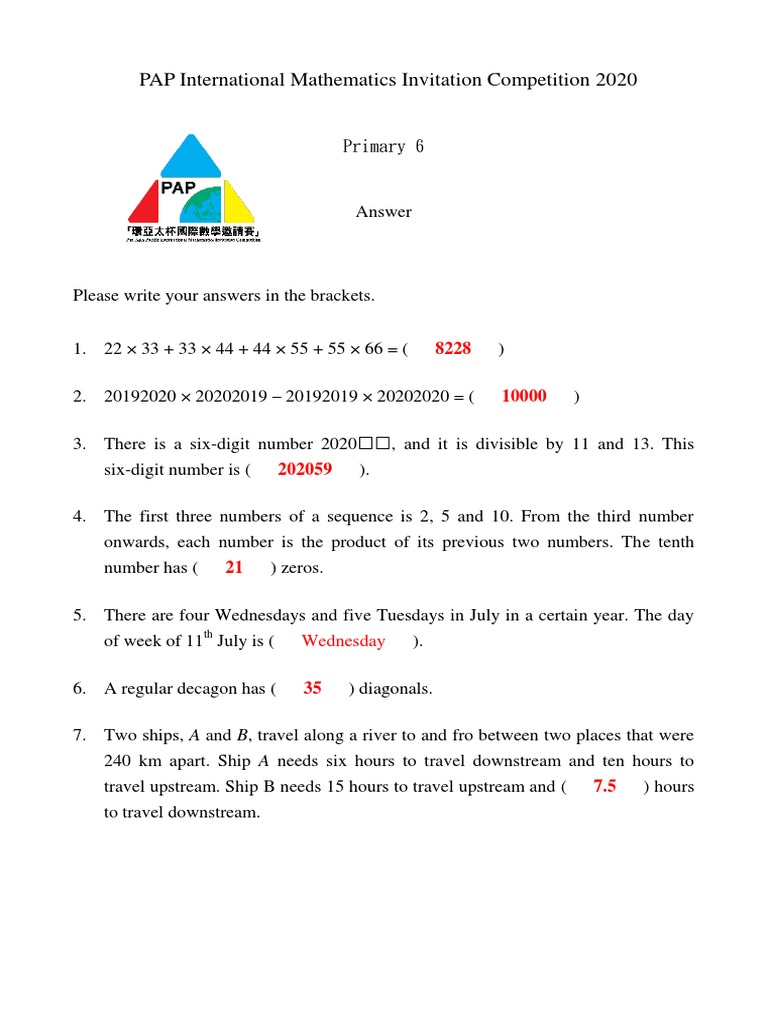 6 PAP International Mathematics Invitation Competition 2020 Primary 6 ...
