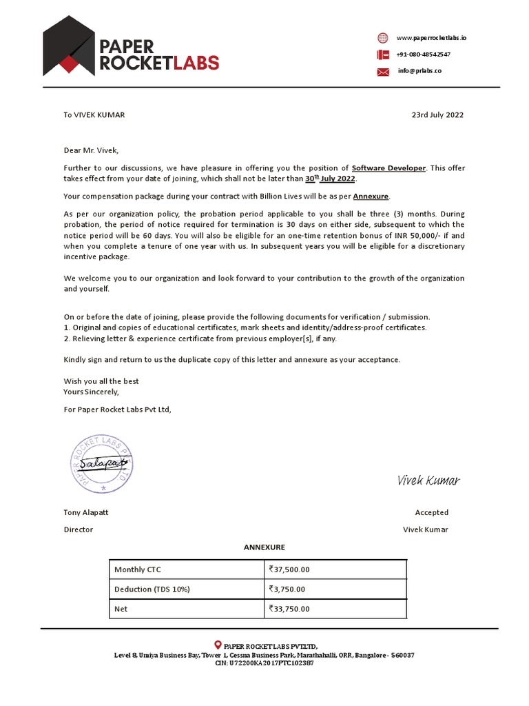 Offer Letter - Vivek Kumar | PDF