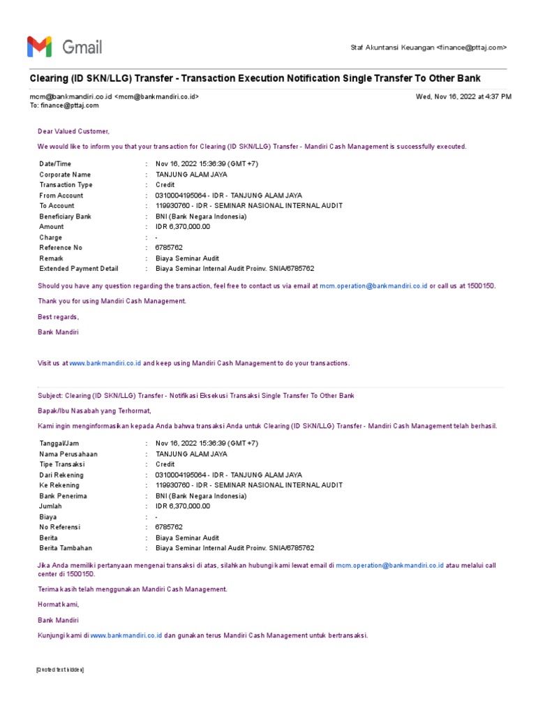 N - A Mail - Clearing (ID SKN - LLG) Transfer - Transaction Execution ...