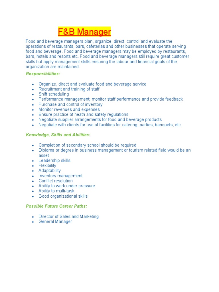 FNB Manager | PDF | Restaurants | Foodservice