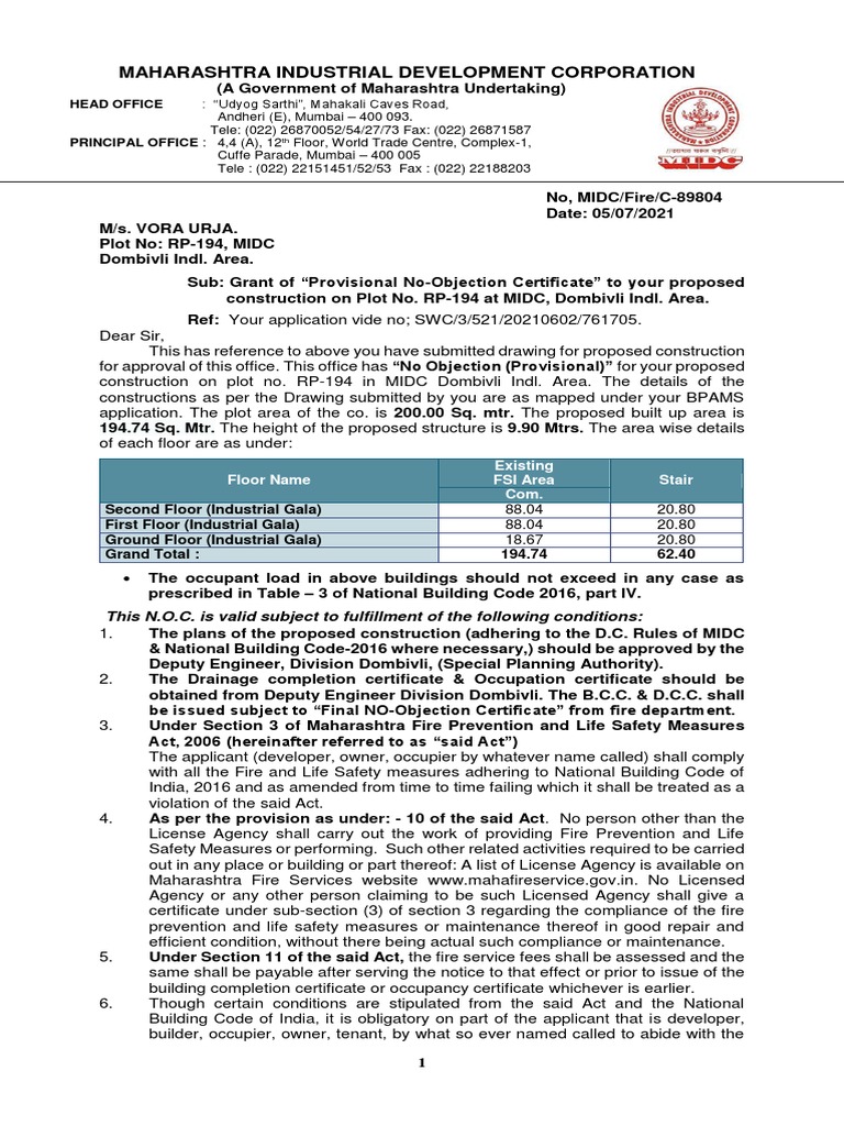 Guidelines for Fire Safety Compliance and Building Regulations for Proposed Construction at MIDC ...