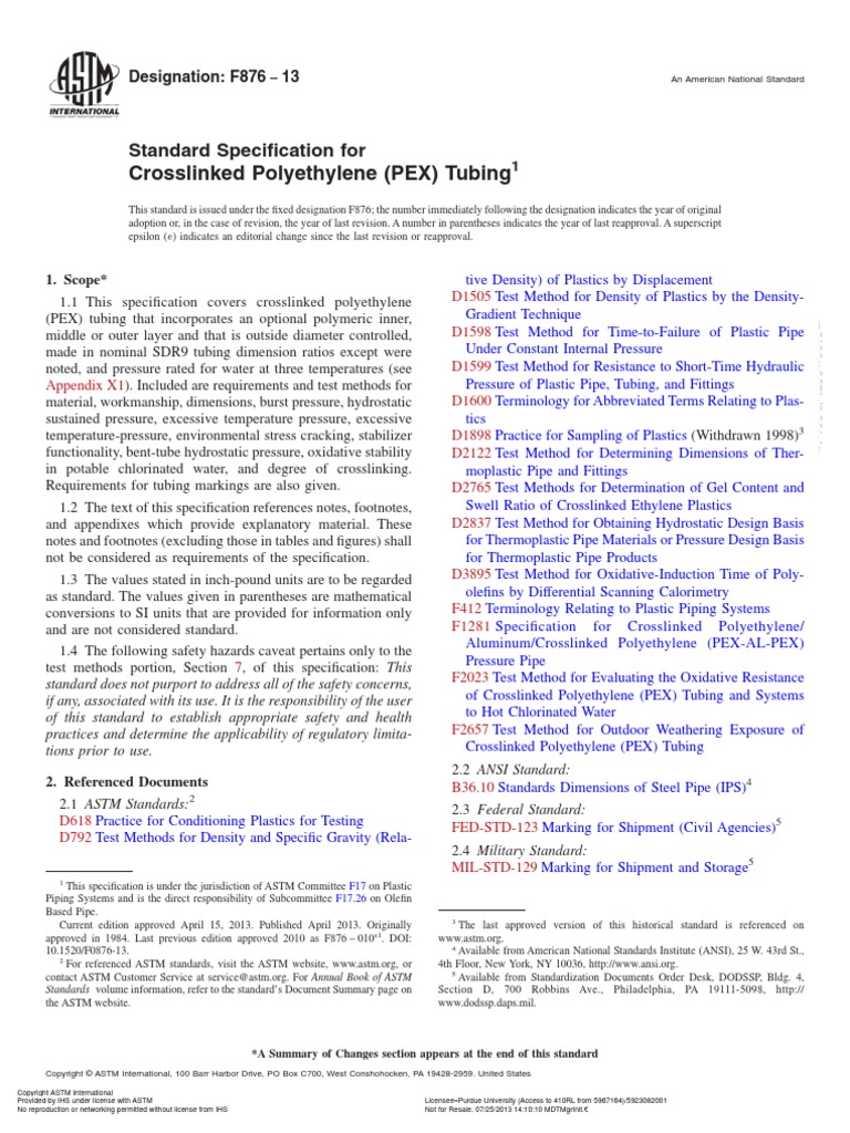 ASTM F876 - 13 Pex | PDF | Pipe (Fluid Conveyance) | Polyethylene
