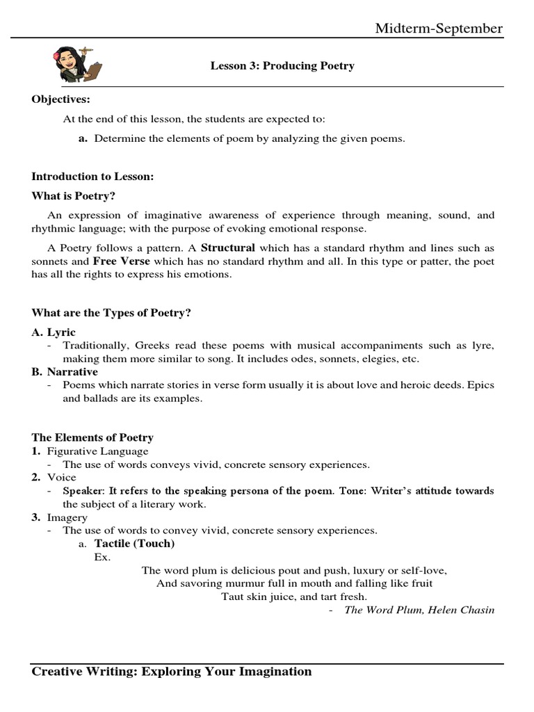 Midterm-September: Creative Writing: Exploring Your Imagination | PDF | Metre (Poetry) | Poetry