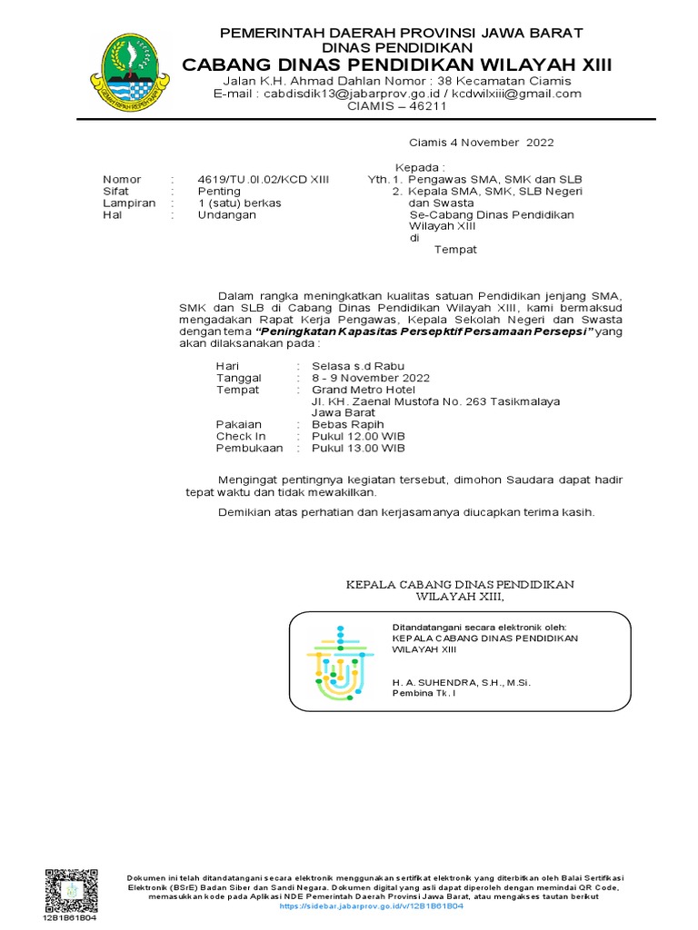 Undangan Rapat Kerja Pengawas Dan Kepala Sekolah 8-9 November 2022 06112022 065318 Signed | PDF