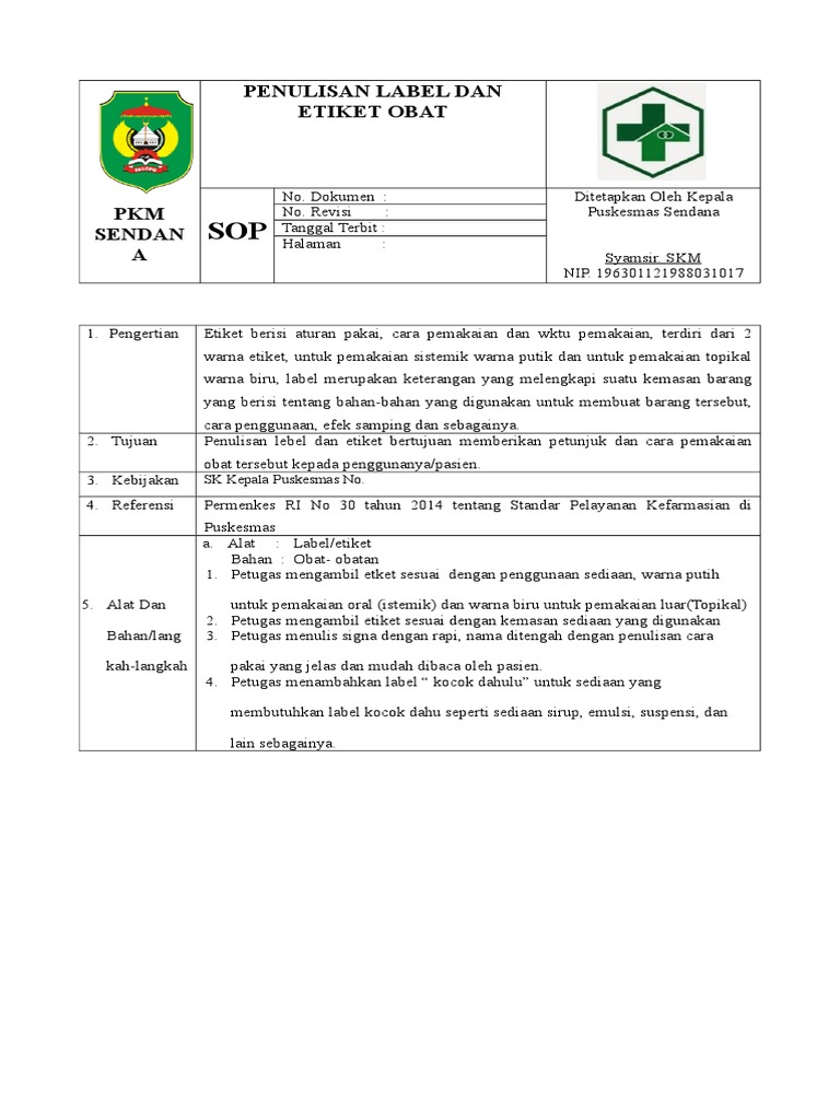 Sop Penulisan Label Dan Etiket Obat Pdf 9042