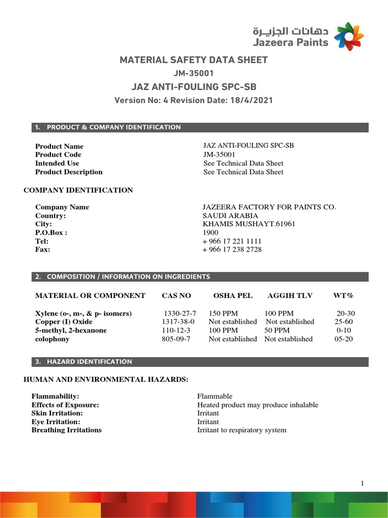 Jaz Anti-Fouling SPC-SB - MSDS | PDF | Dangerous Goods | Safety